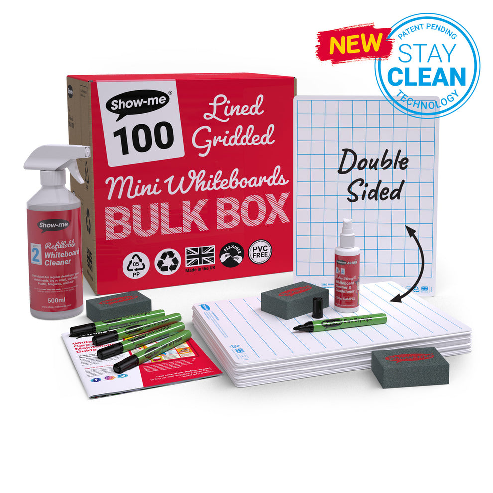 Show-me Bulk Box of 100 x A4 Lined/Gridded Double Sided Whiteboards, p ...